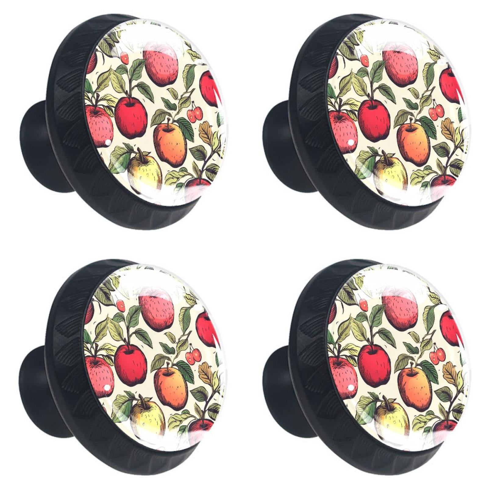 4 Pcs Red Apples Fruit Print Cabinet Knobs 30mm Round Crystal Glass ...