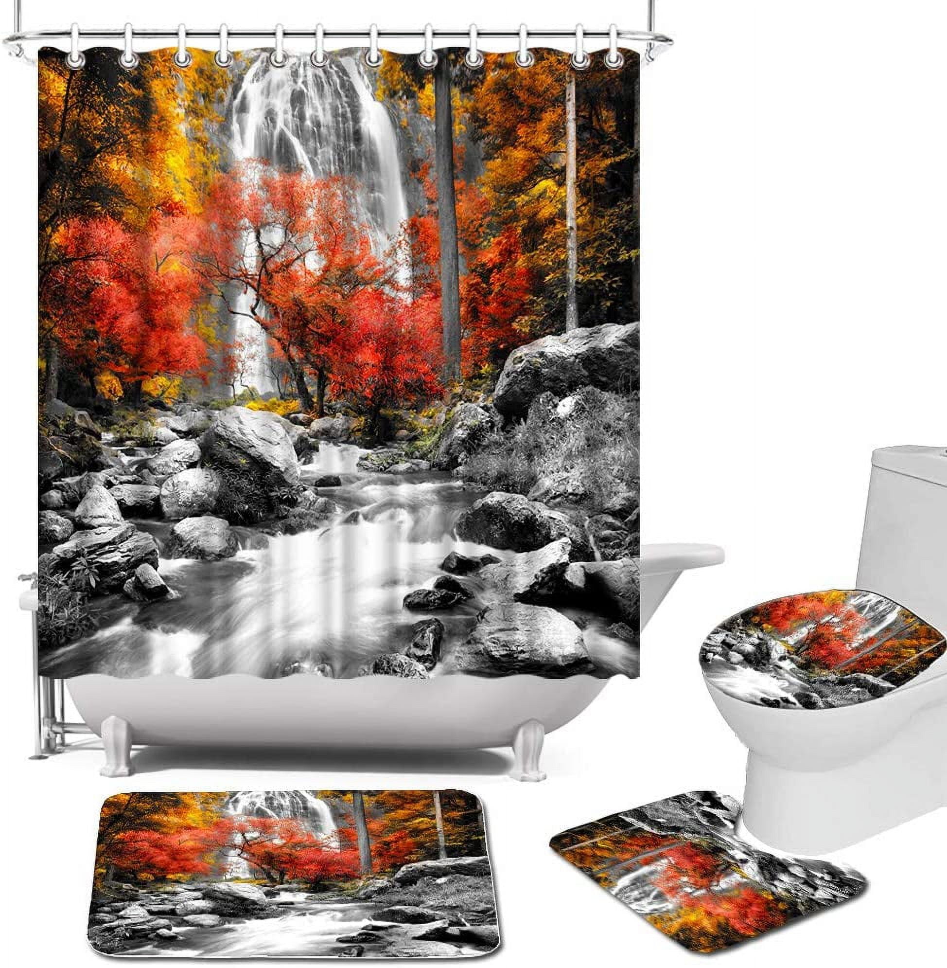 4 Pcs Red Autumn Trees Waterfall Scenery Shower Curtain Set with Bath ...