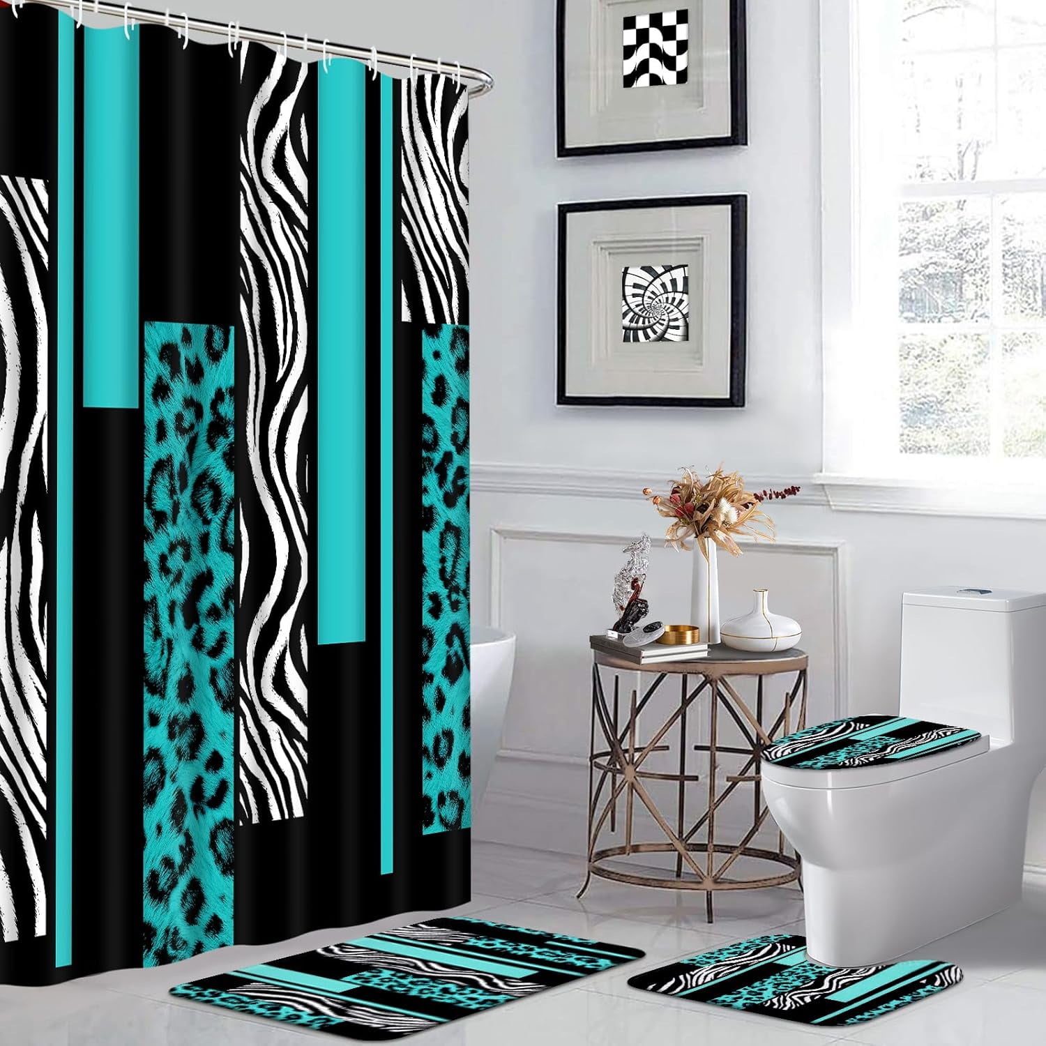 4 Pcs Red and Black Bathroom Sets with Shower Curtain and Rugs, Leopard ...