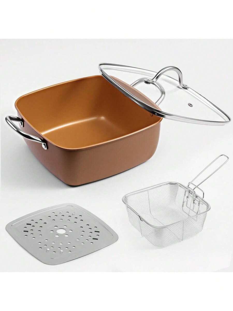4 Pcs Red Copper Chef Cookware Non Stick Deep Frying Pan, Fry Basket ...