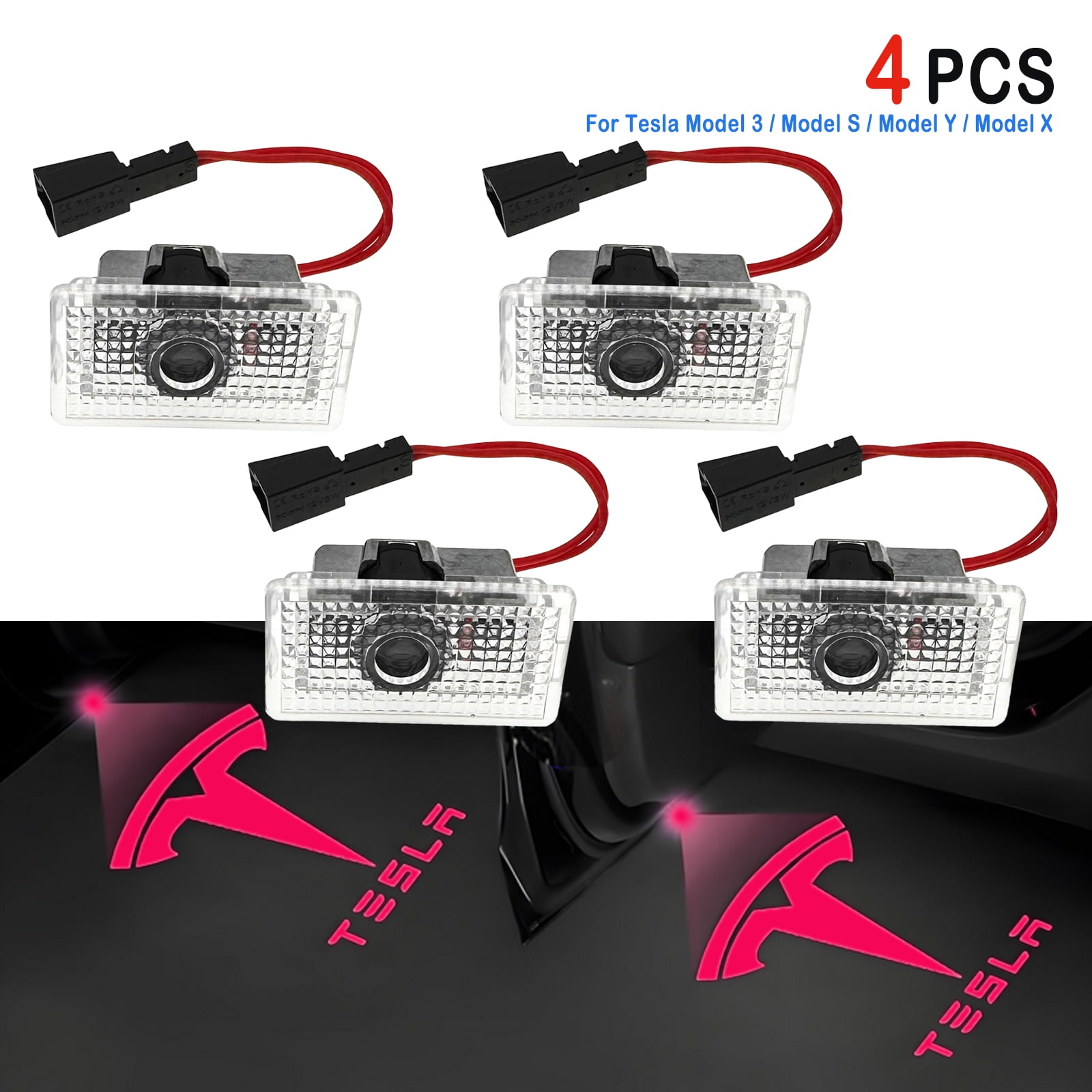 4 Pcs Red Puddle Lights Car Door Logo Projector Lights for Tesla Model ...