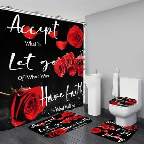 4 Pcs Red Rose Shower Curtain Sets with Rugs Black Blessed Bathroom ...