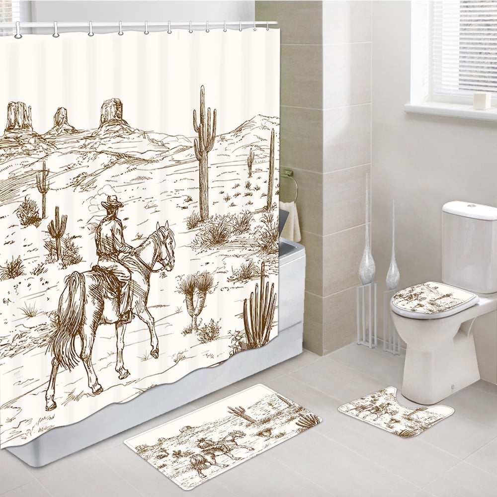 4 Pcs Retro Western Cowboy Bathroom Decor Set with Non-Slip Rugs Toilet ...
