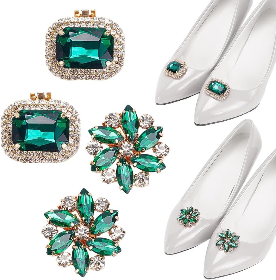 4Pcs Rhinestones Shoe Clips 2 Styles Emerald Elegant Flower Rectangle ...