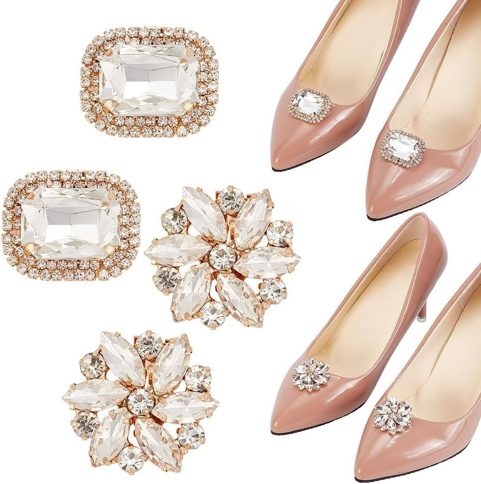4Pcs Rhinestones Shoe Clips 2 Styles White Elegant Flower Rectangle ...