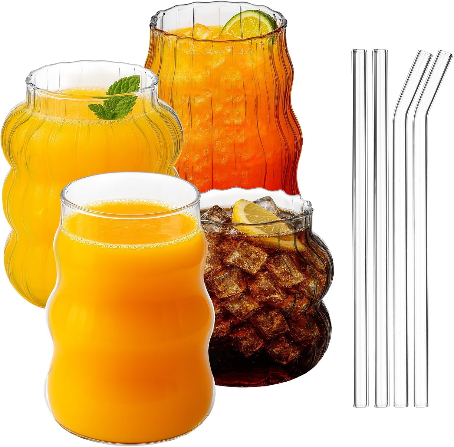 4 Pcs Ribbed Glass Cups with Glass Straw, Vintage Drinking Glassware ...