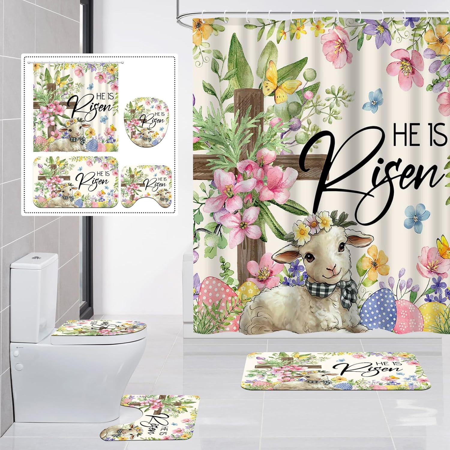 4 Pcs He is Risen Lamb Shower Curtain Set, Easter Floral Bathroom Decor ...