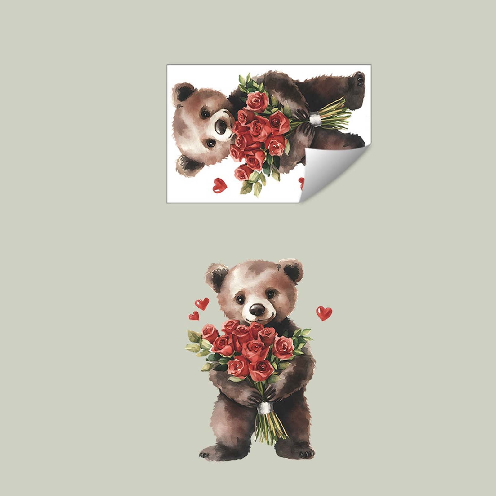 4 Pcs Romantic Rose Bouquet Teddy Bear Wall Stickers Self-Adhesive Home ...
