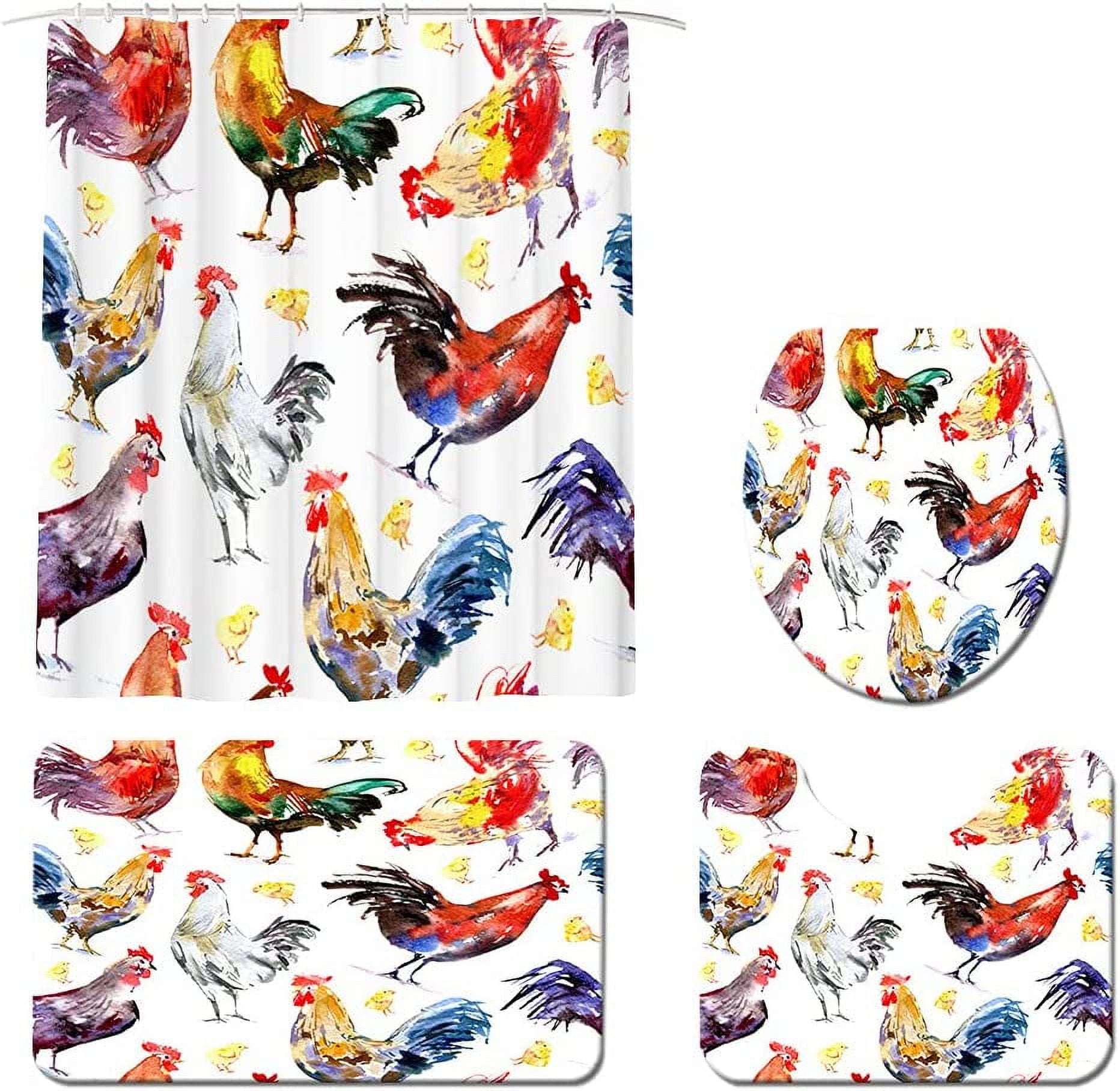 4 Pcs Rooster Shower Curtain Set with Rug Toilet Lid Cover and Bath Mat ...