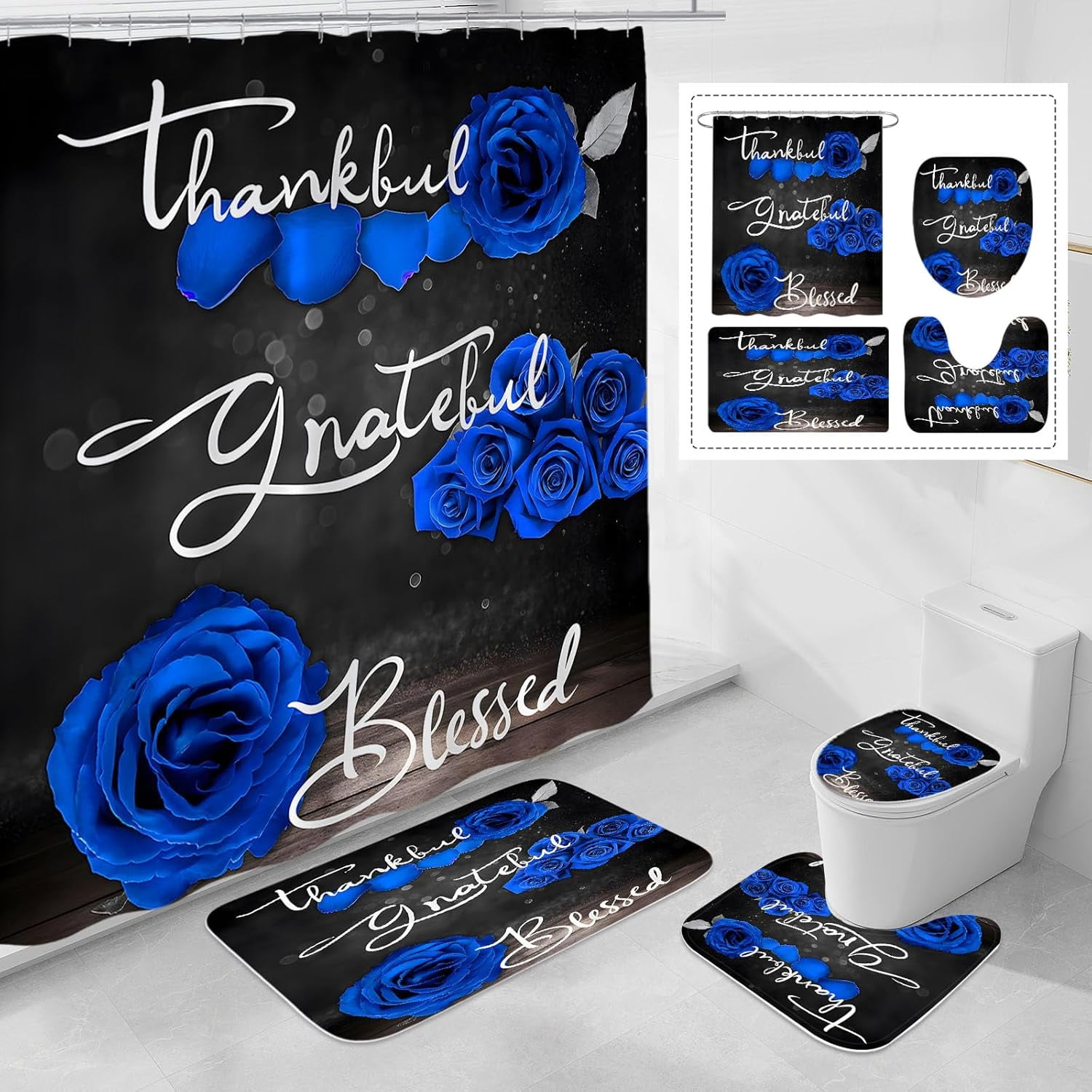 4 Pcs Royal Blue Rose Shower Curtain Set Blessed Romantic Elegant ...
