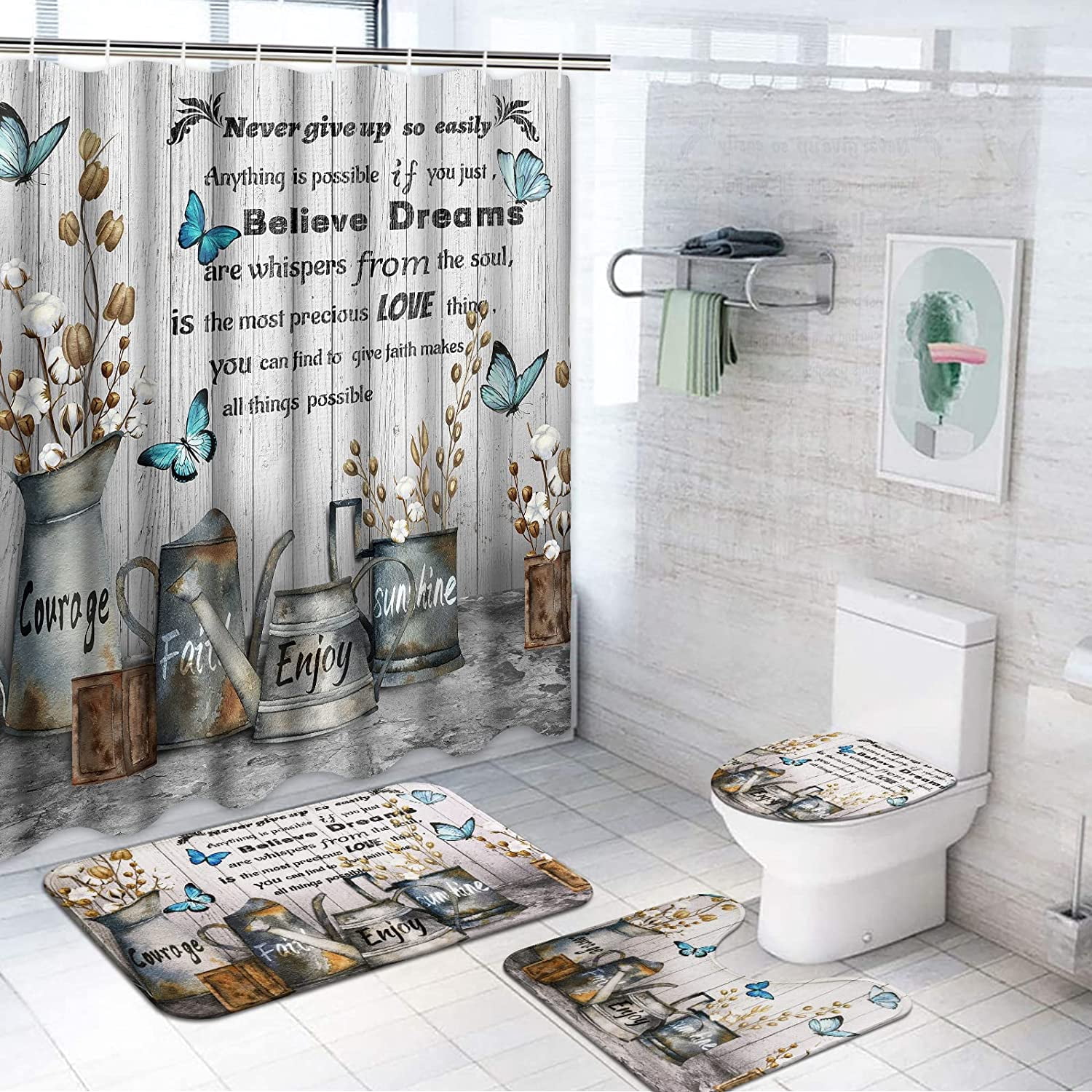 4 Pcs Rustic Farmhouse Shower Curtain Sets with Rugs, Blue Butterfly ...