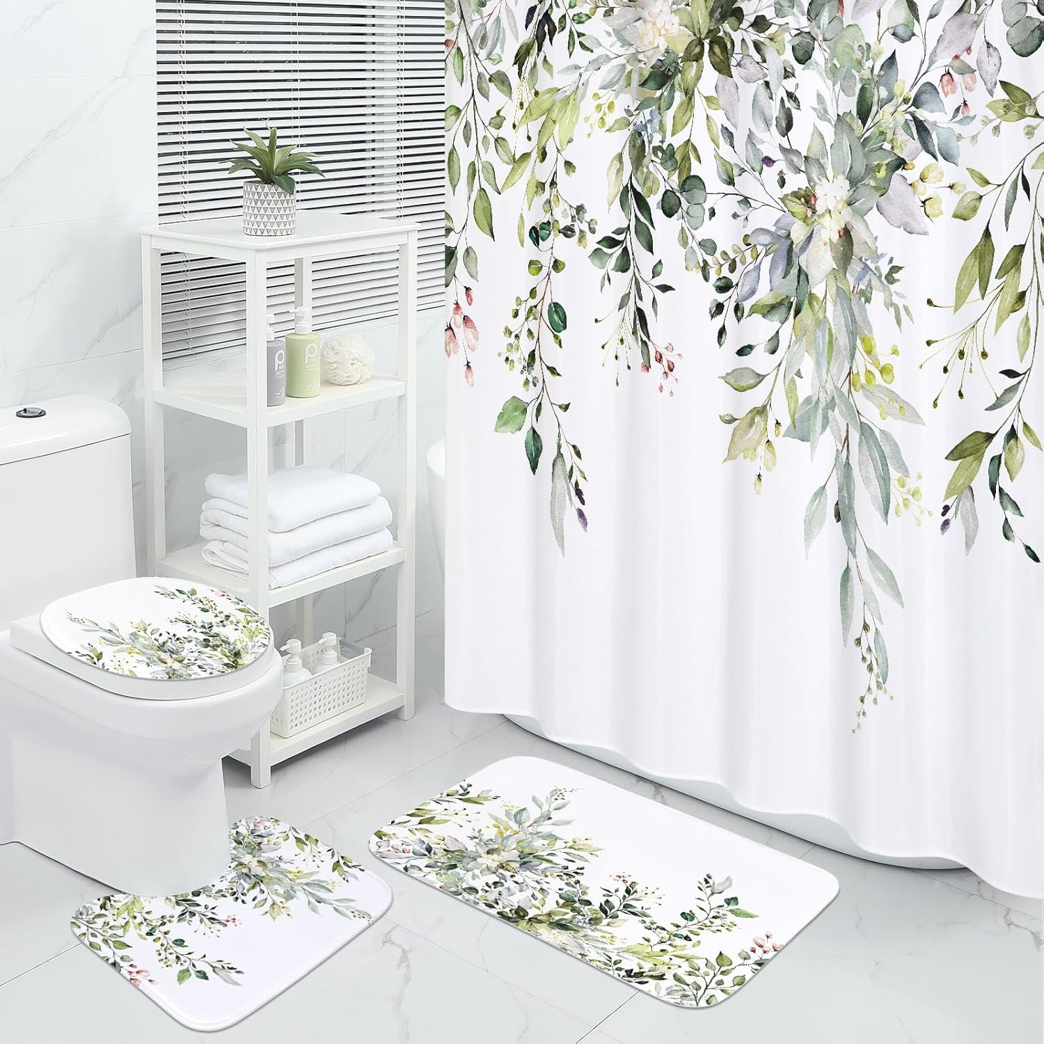 4 Pcs Sage Green Eucalyptus Bath Sets with Shower Curtain, Plant Leaves ...
