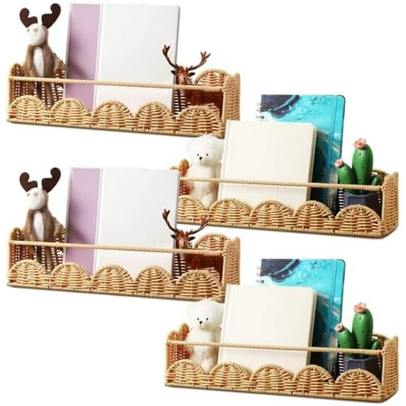 4 Pcs Scalloped Rattan Wall Shelves Boho Floating Rattan Scalloped Book ...