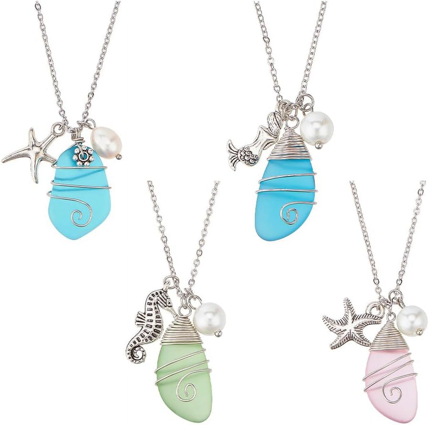 4 Pcs Sea Glass Necklaces for Women Wire Wrapped Beach Necklaces Blue ...