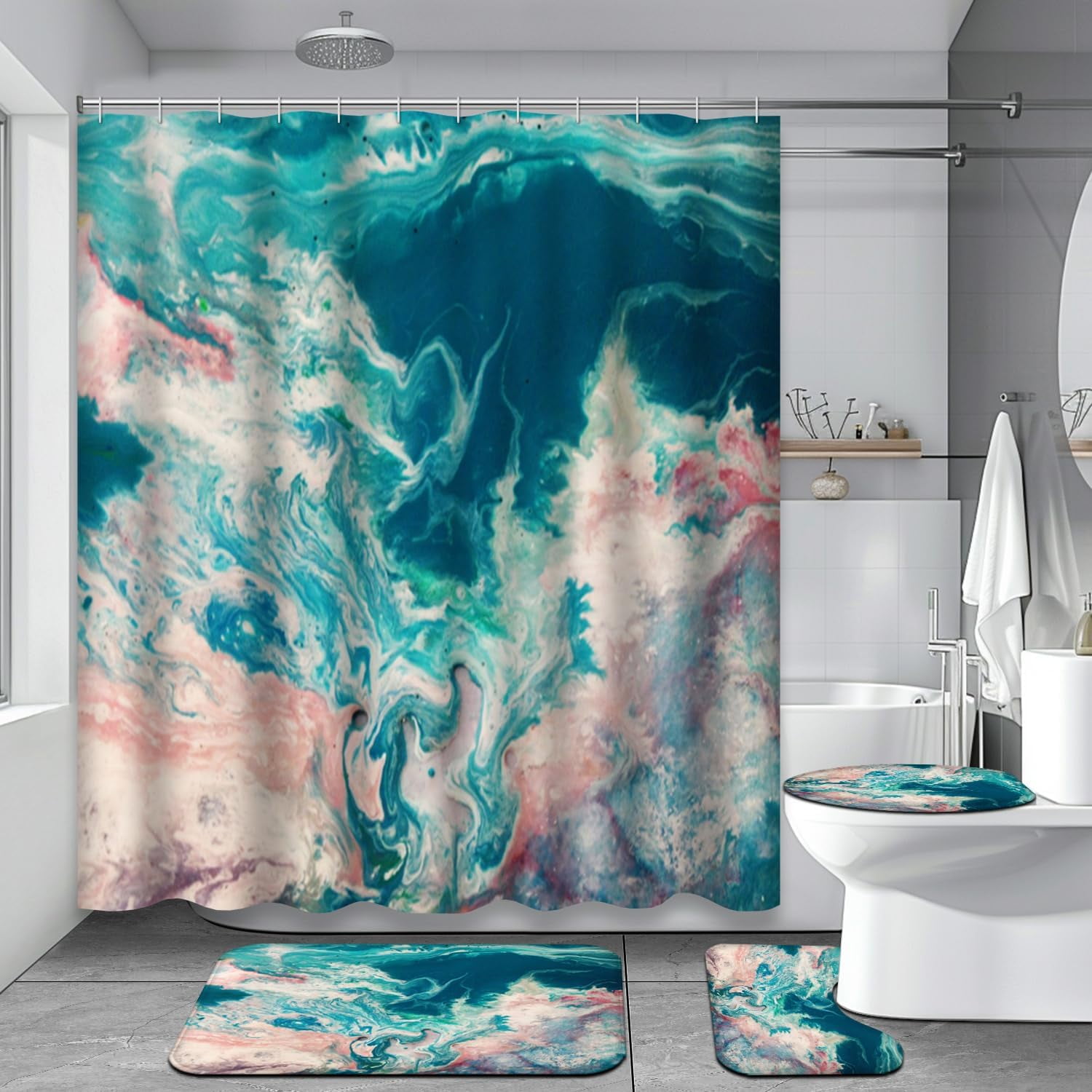 4 Pcs Sea Turtle Bathroom Shower Curtain Sets with Rugs, Watercolor ...