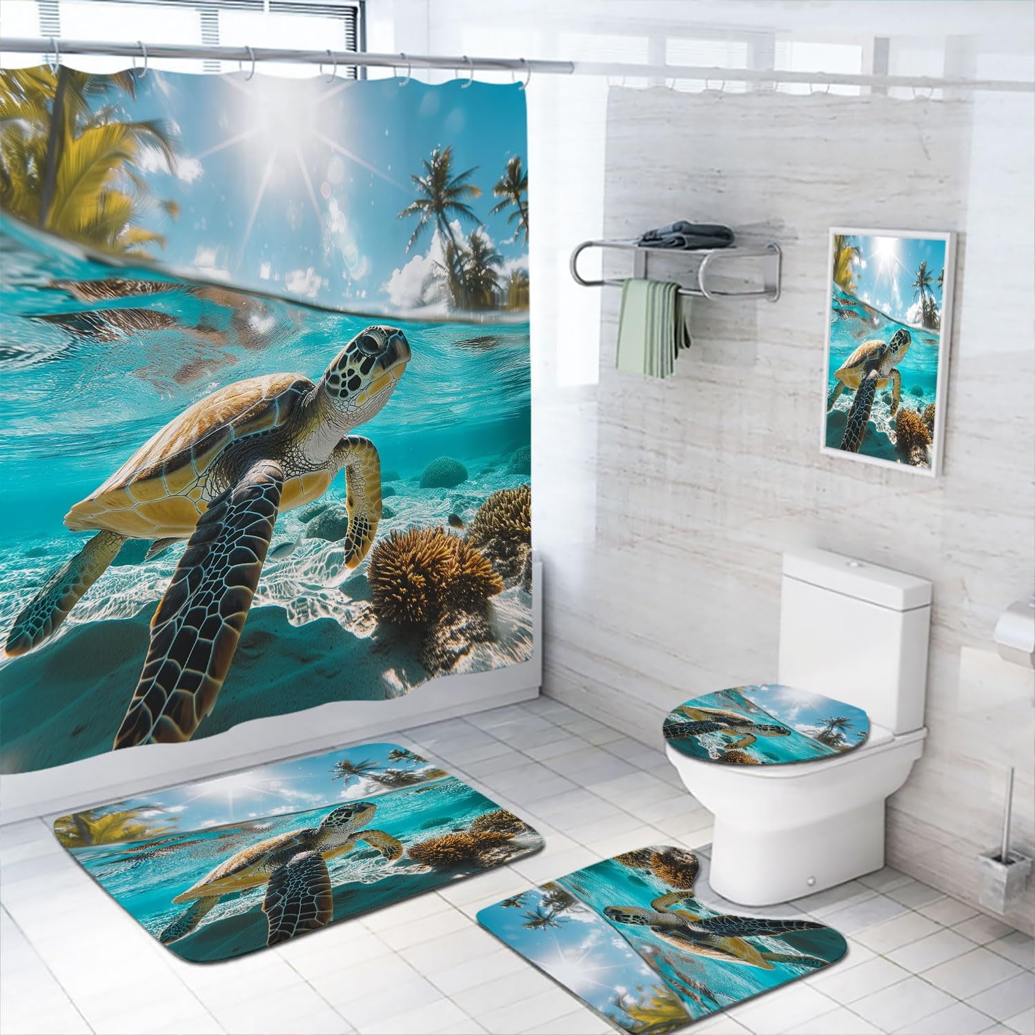 4 Pcs Sea Turtle Shower Curtain Set with Rugs,Toilet Lid Cover, Bath ...