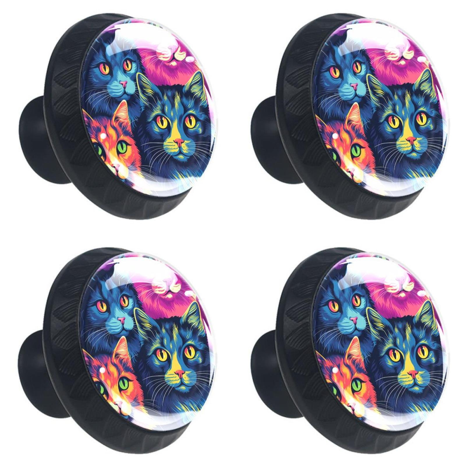 4 Pcs Seamless Cat Faces Print Cabinet Knobs 30mm Round Crystal Glass ...