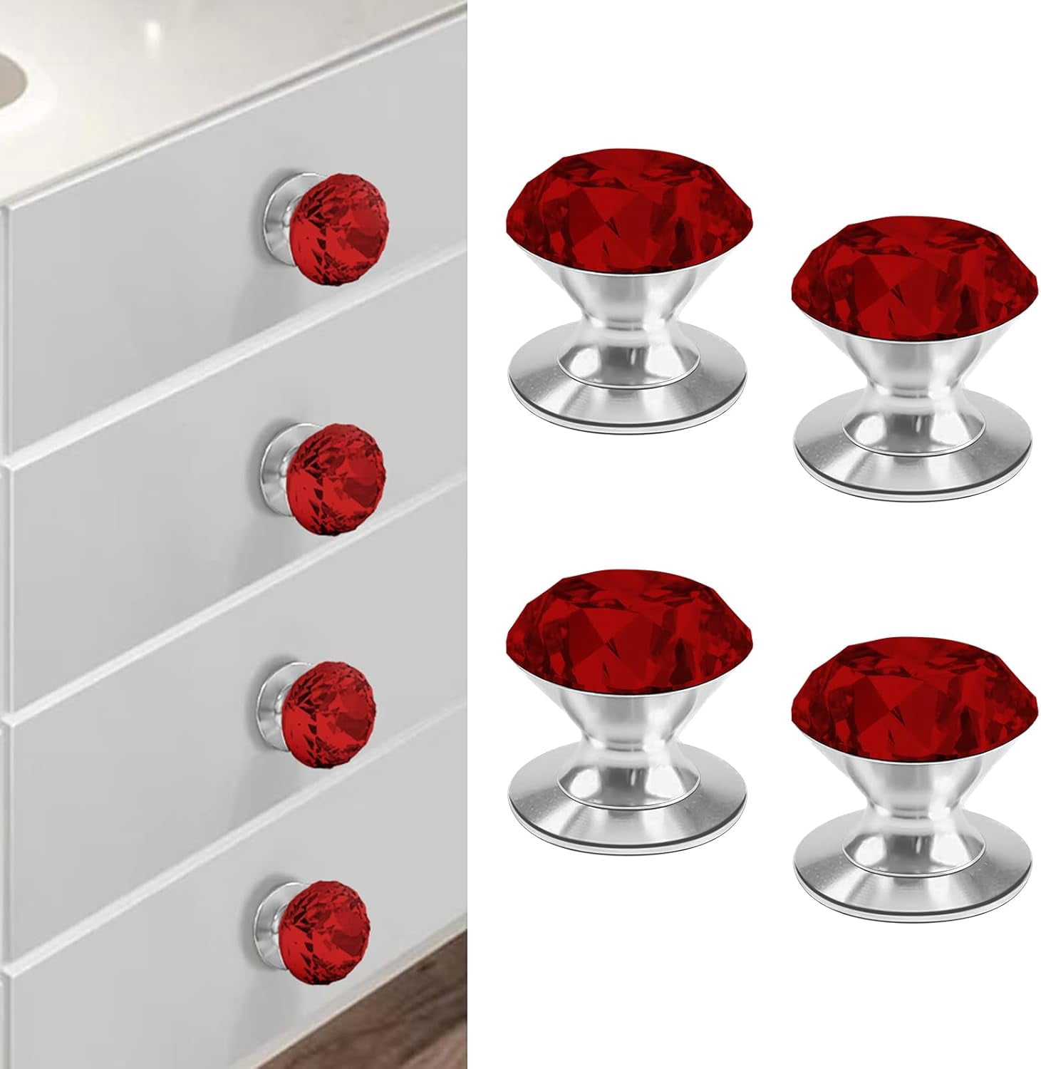 4 Pcs Self-Adhesive Crystal Knobs Self Stick Diamond Red K9 Crystal ...