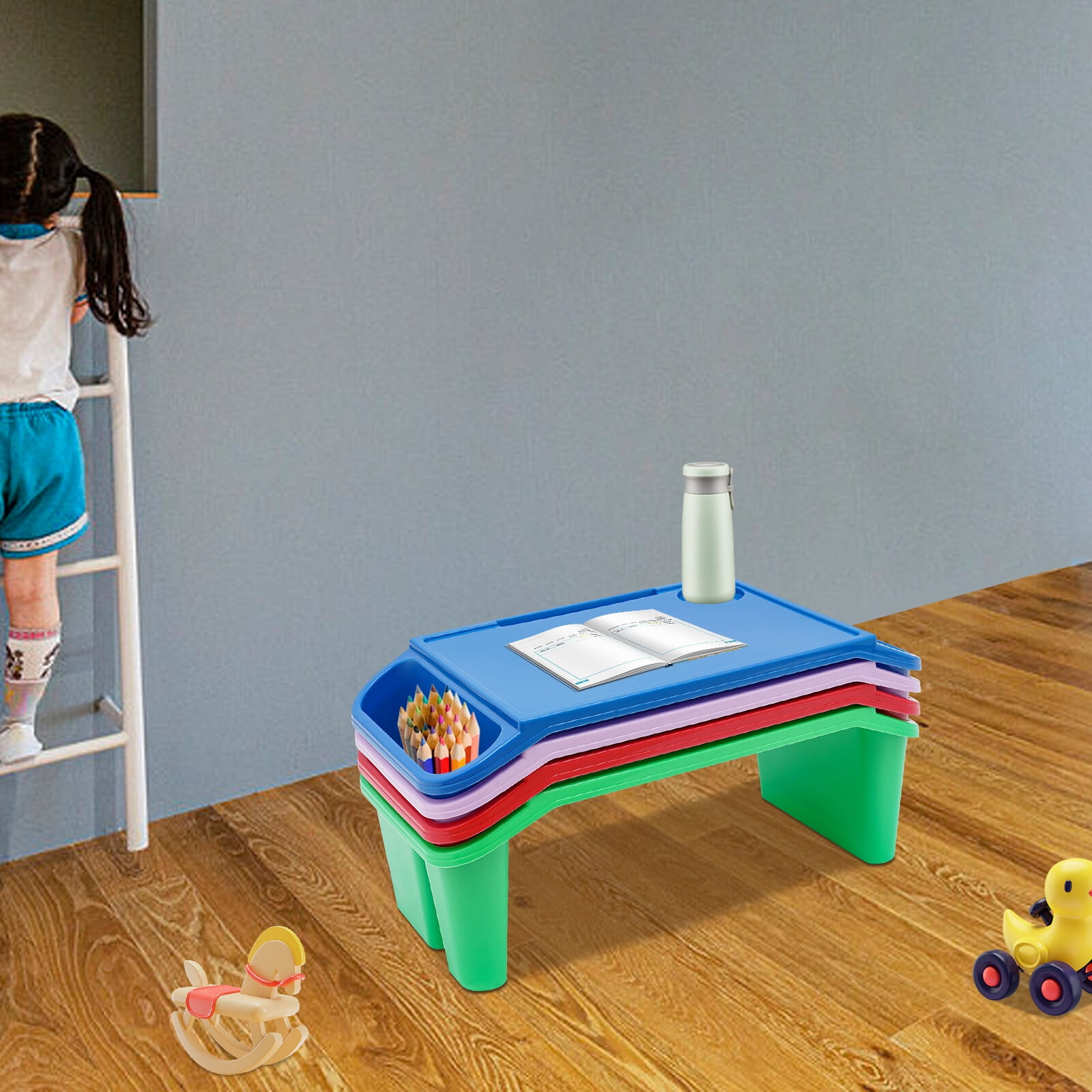 4 Pcs Set Kids Lap Desk Tray, Plastic Breakfast Laptop Trays with Side ...