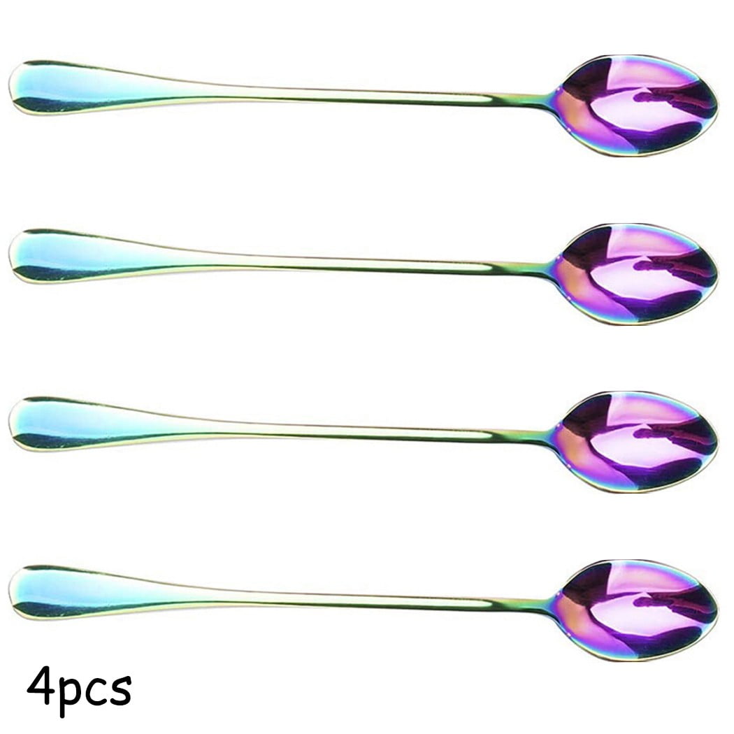 4 Pcs/Set Stainless Steel Spoons Iridescent Rainbow For Milkshake ...