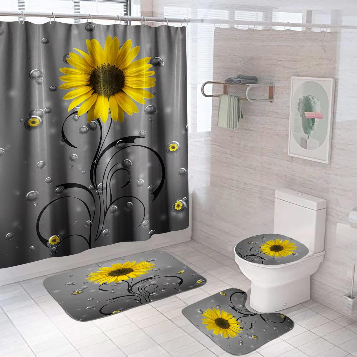 4 Pcs/Set Water Drop Bubble Grey Yellow Sunflower Shower Curtain Sets ...