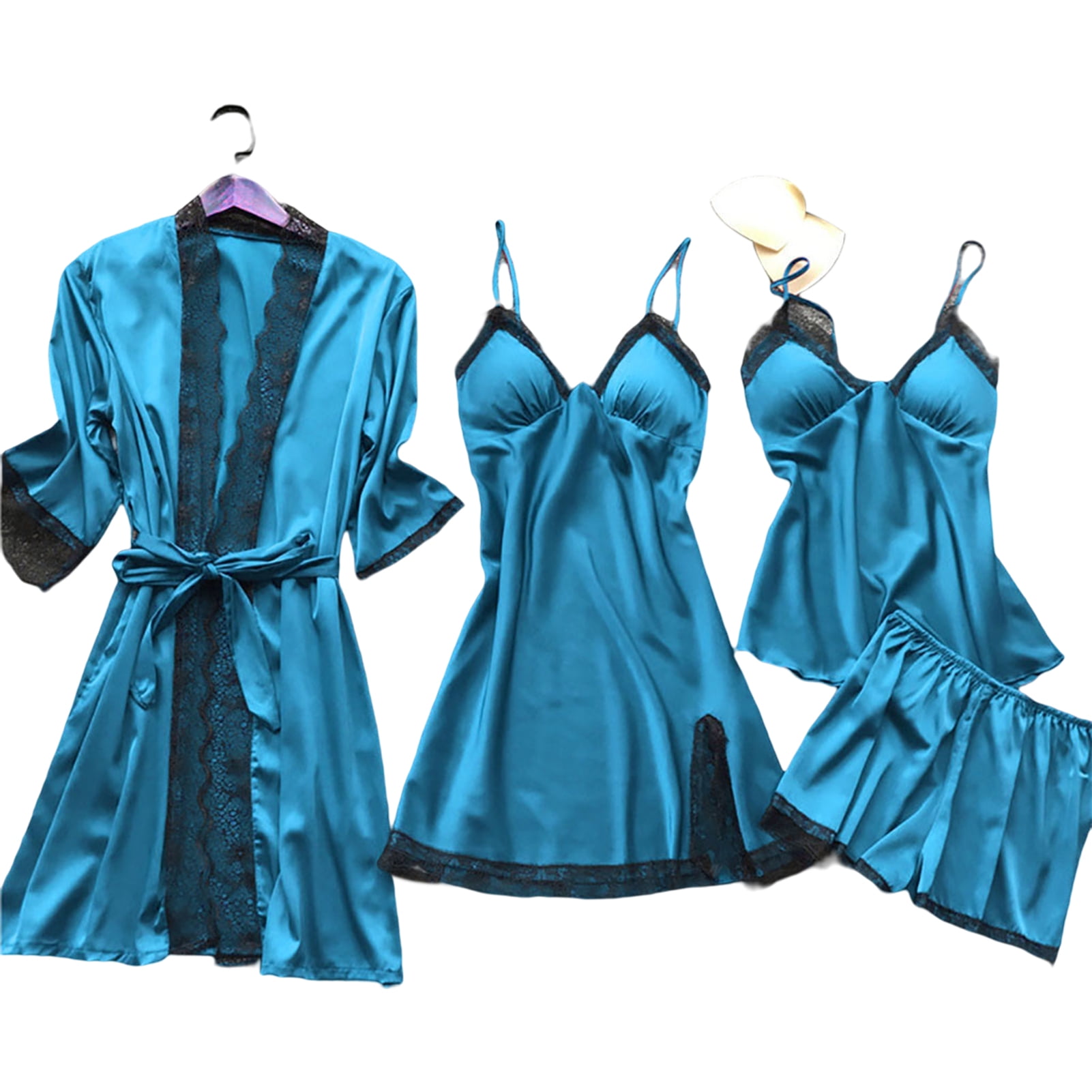 4 Pcs/Set Women Pajamas Set Silky Removable Chest Pad Lace Elastic ...