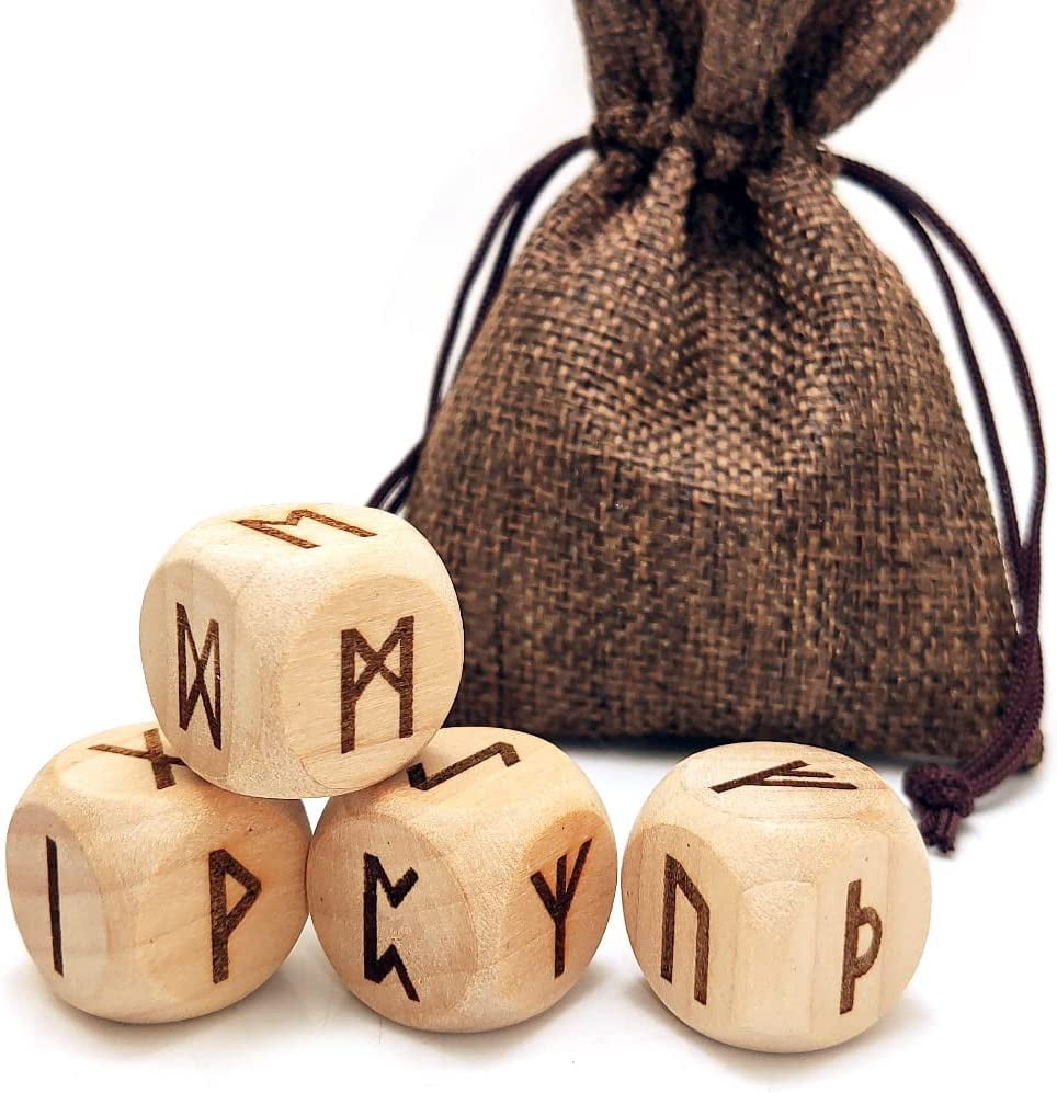 4 Pcs/Set Wooden Rune Dice Set , 24 Carved Elder Furthark Alphabet ...