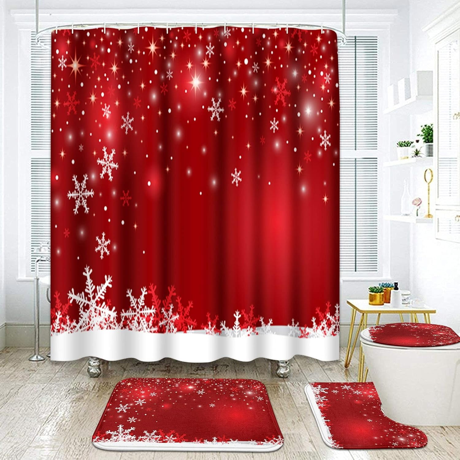 4 Pcs Shower Curtain Set Christmas Snowflake Red Winter Xmas with Non ...