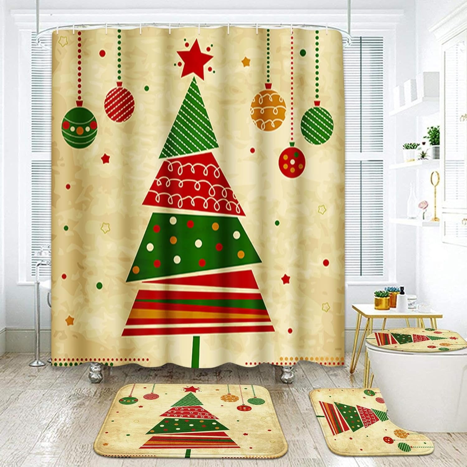 4 Pcs Shower Curtain Set Family Deer Snowy Winter with Non-Slip Rugs ...