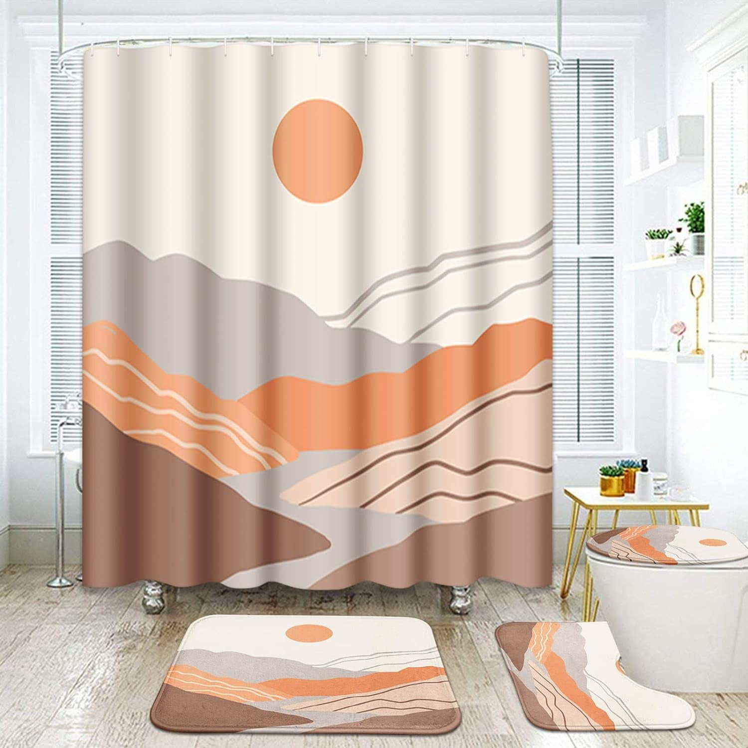 4 Pcs Shower Curtain Set Golden Moon Sun Stars Black Background Summer