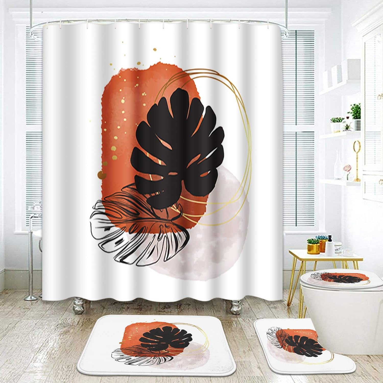 4 Pcs Shower Curtain Set Golden Moon Sun Stars Black Background Summer