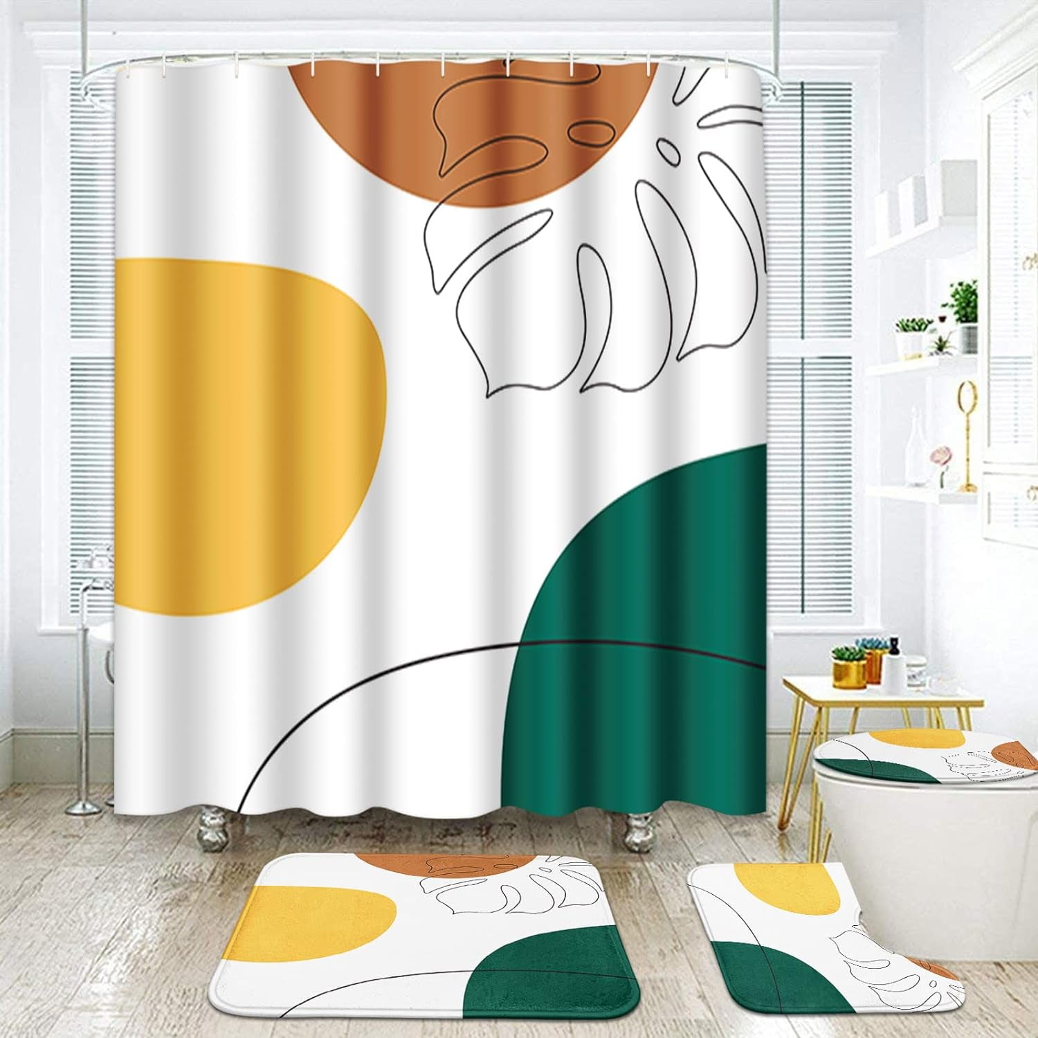 4 Pcs Shower Curtain Set Golden Moon Sun Stars Black Background Summer