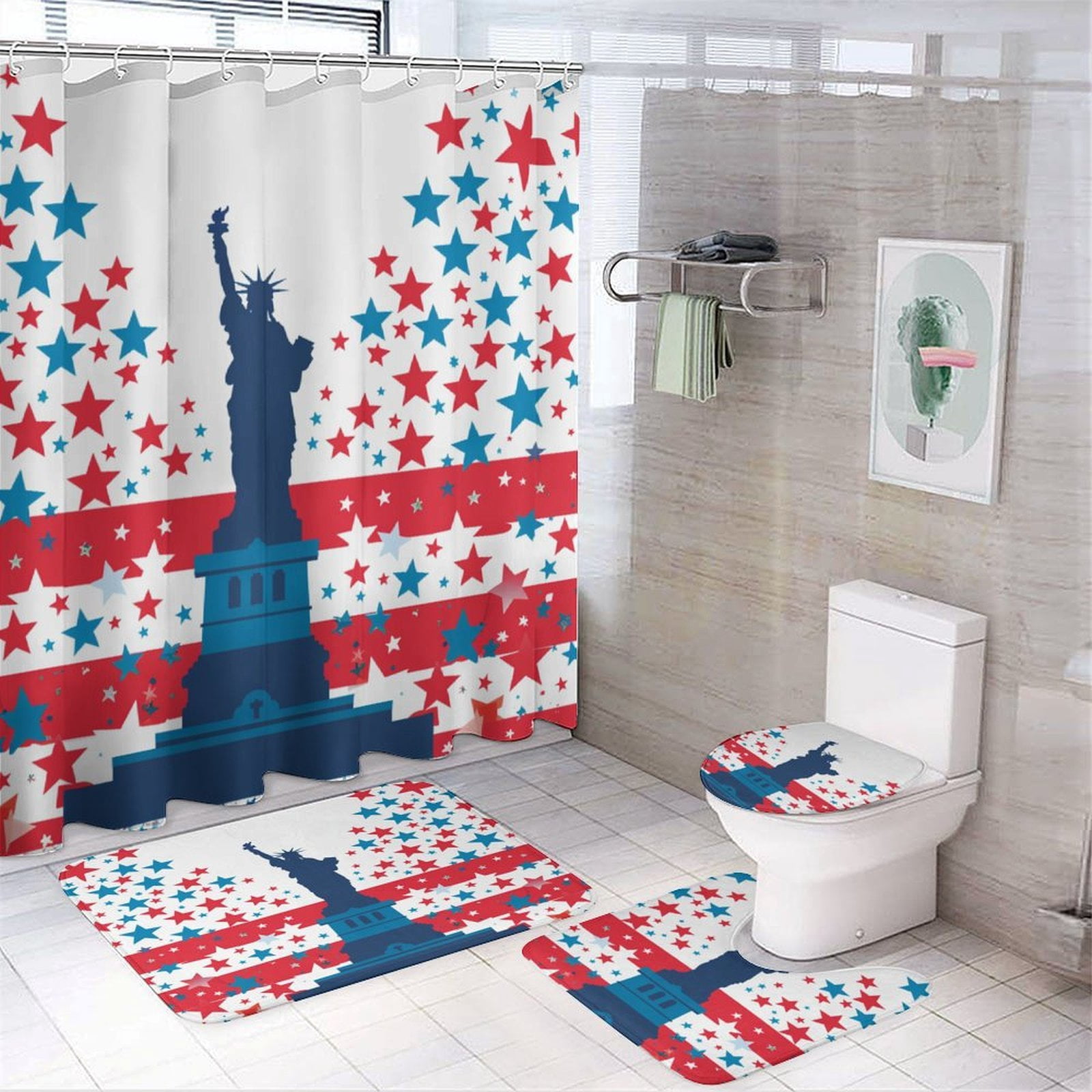 4 Pcs Shower Curtain Set Happy July The Statue of Liberty And An ...