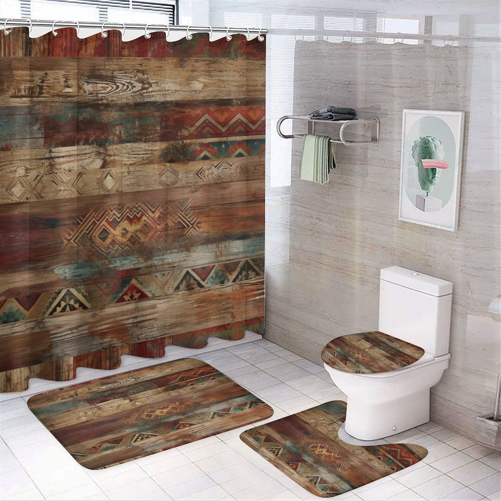 4 Pcs Shower Curtain Set with Non-Slip Rugs Toilet Lid Cover and Bath ...