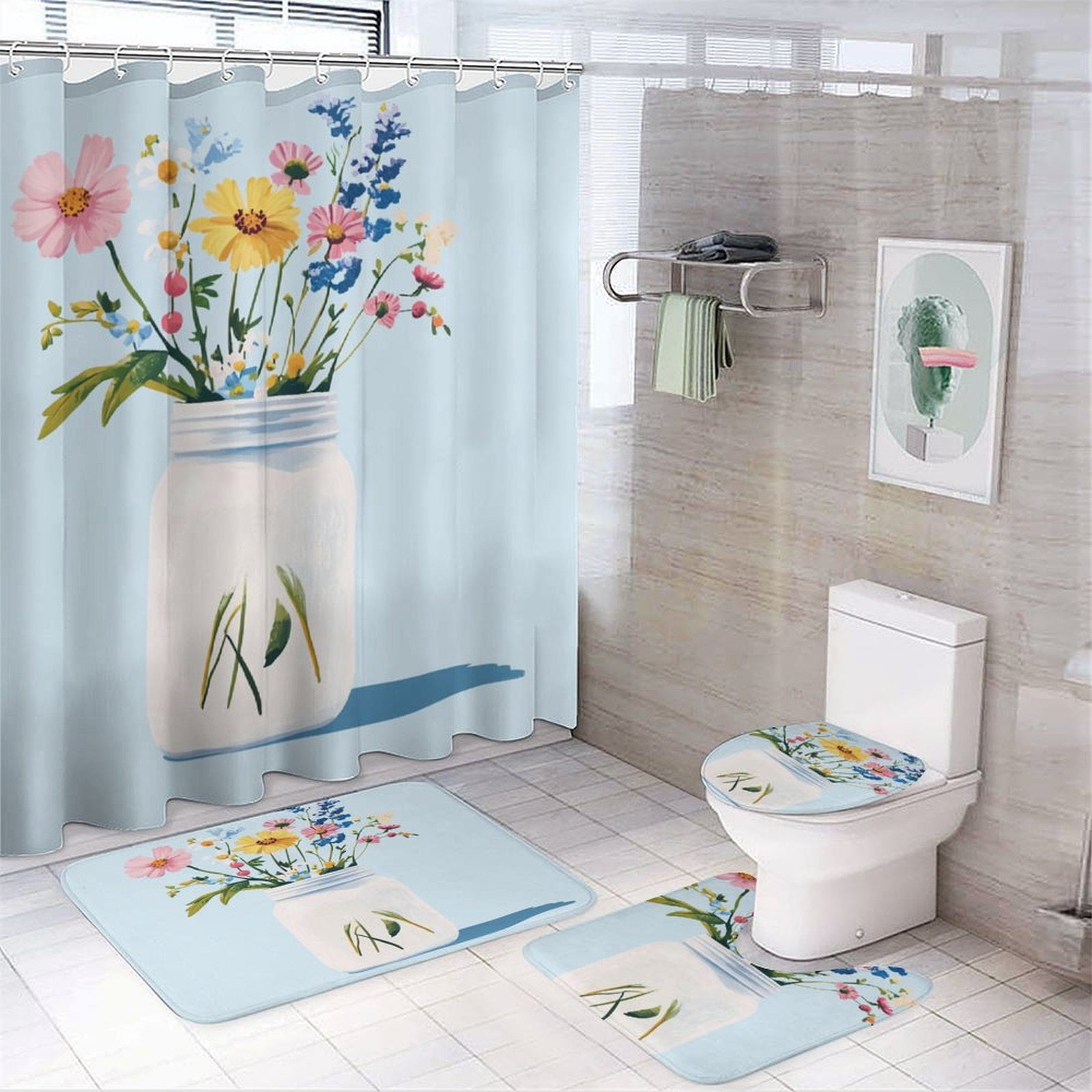 4 Pcs Shower Curtain Set Pastel Pink, Yellow, And Blue Wildflowers with ...