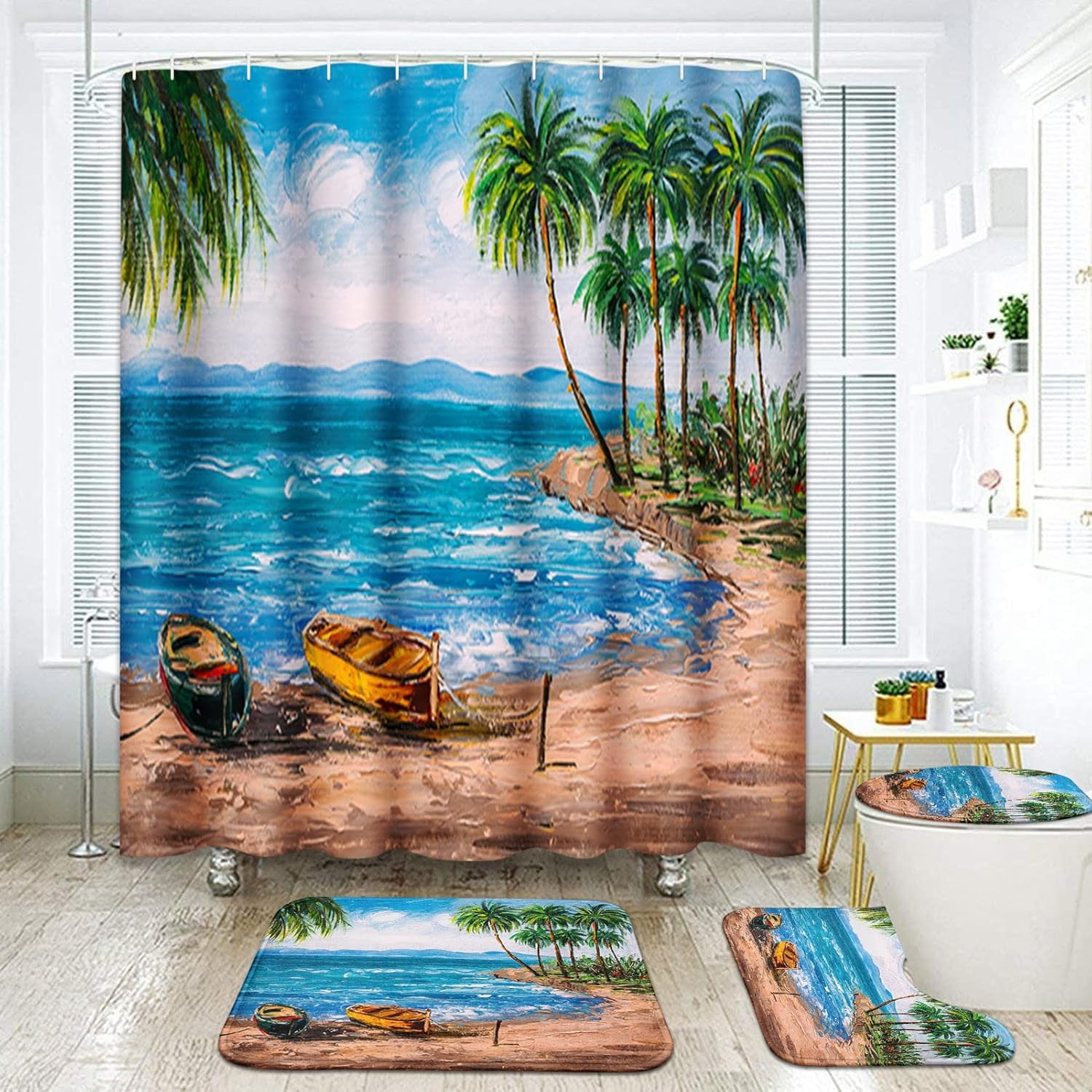 4 Pcs Shower Curtain Set, Summer Beach Sence Shower Curtain with Non ...