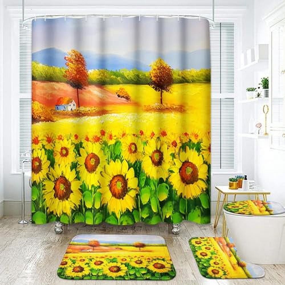 4 Pcs Shower Curtain Set Sunflowers Wooden Board Vintage Vibrant Vivid