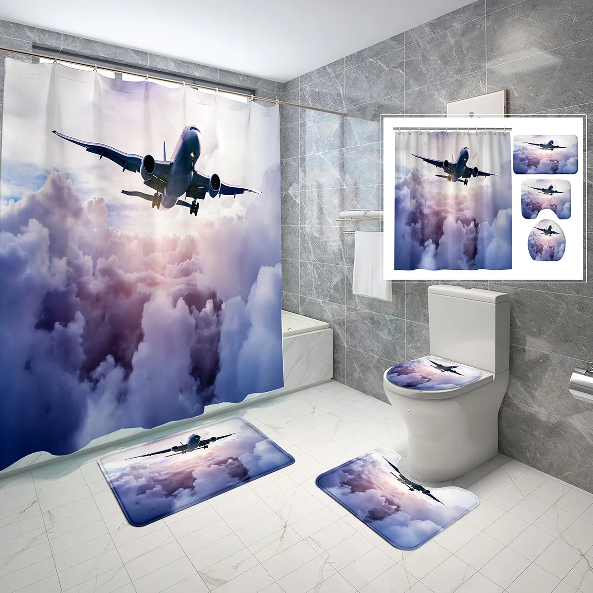 4 Pcs Shower Curtain Set Sunset Flight Runway Airplane Shower Curtain ...