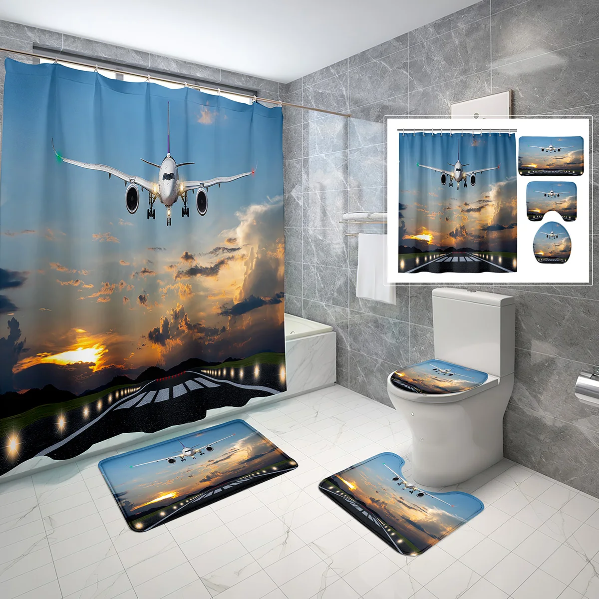 4 Pcs Shower Curtain Set Sunset Flight Runway Airplane Shower Curtain ...