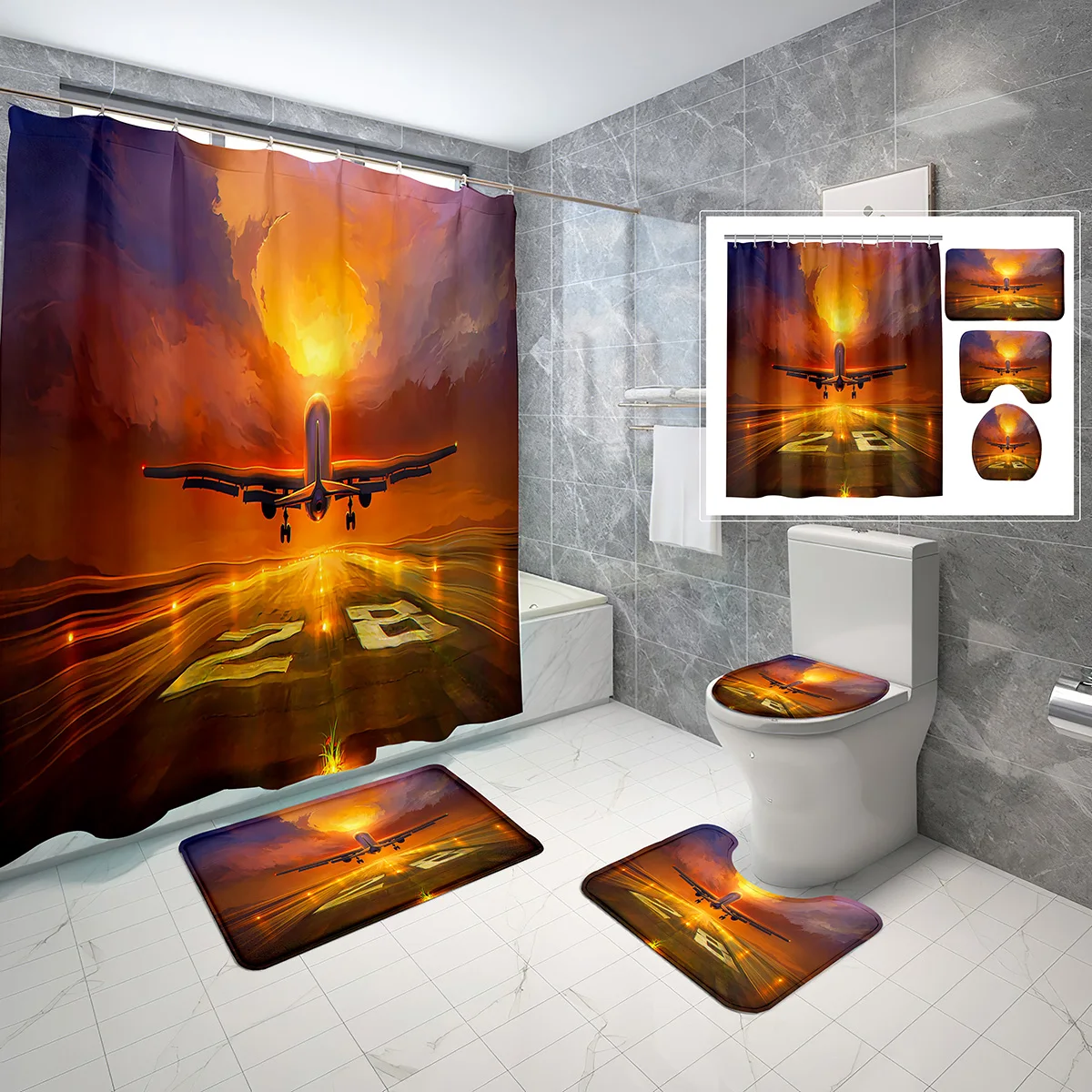 4 Pcs Shower Curtain Set Sunset Flight Runway Airplane Shower Curtain ...