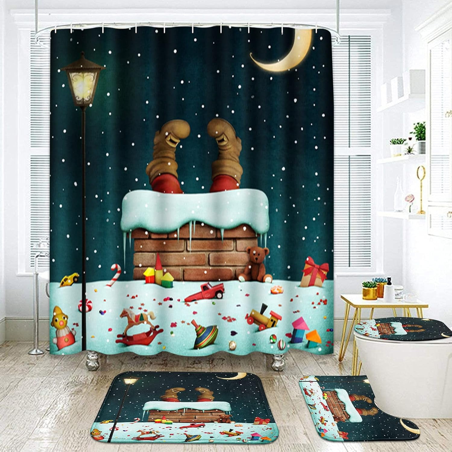 4 Pcs Shower Curtain Set Vintage Christmas Santa Claus Elf with Non ...