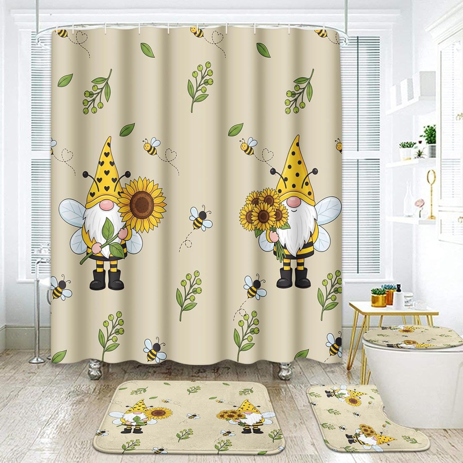 4 Pcs Shower Curtain Set Yellow Gnomes Bees Sunflowers Green Leaf Cute ...