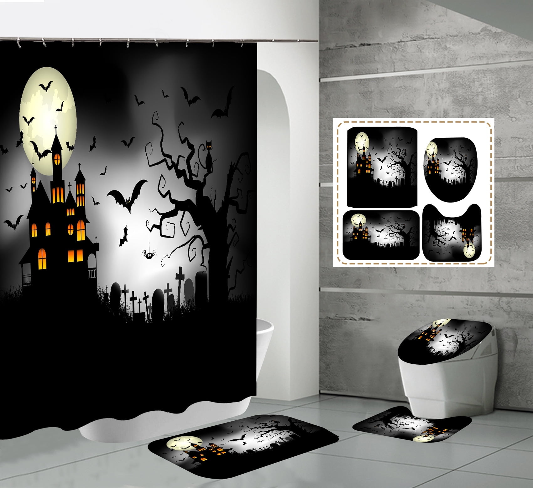 4 Pcs Shower Curtain Set With Non Slip Rugs Toilet Lid Cover And Bath