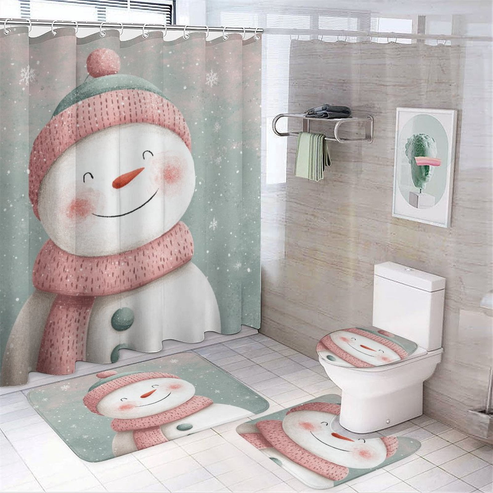4 Pcs Shower Curtain Sets Bath Mat U-Shaped Floor Mat Toilet Lid Oval ...