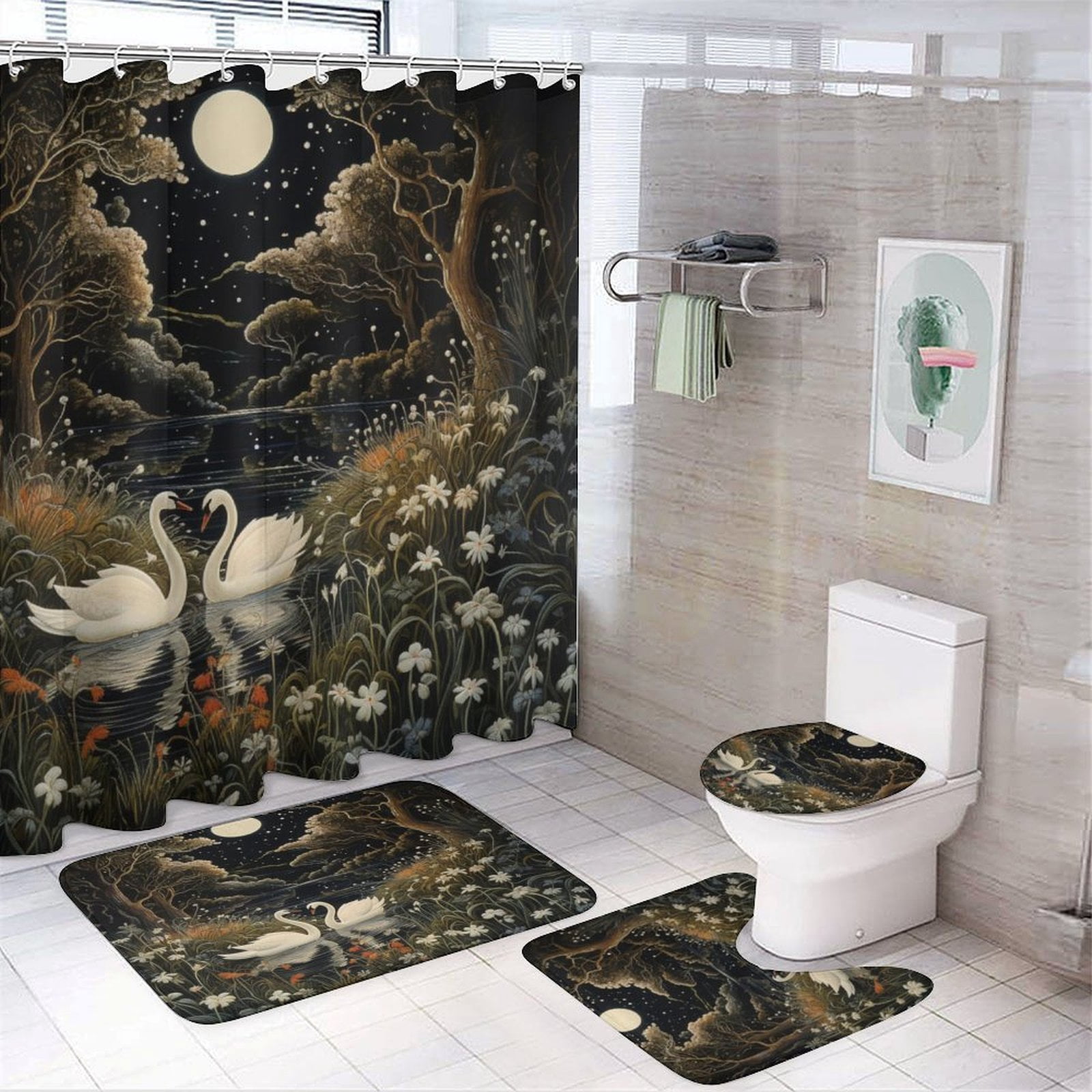 4 Pcs Shower Curtain Sets Bath Mat U-Shaped Floor Mat Toilet Lid Oval ...