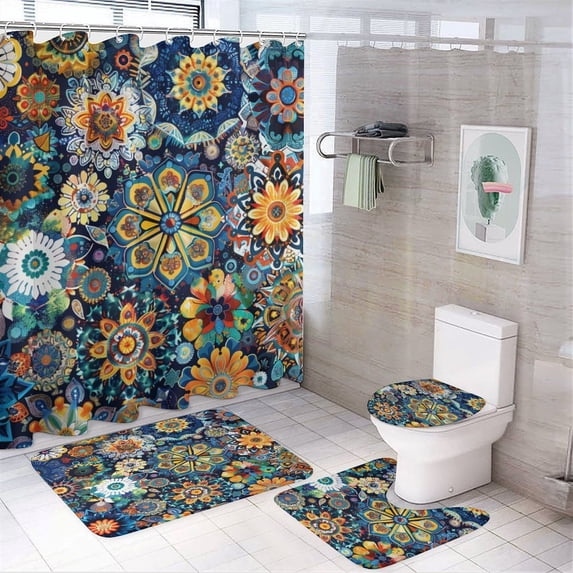 4 Pcs Shower Curtain Sets Bathroom Sets with Shower Curtain And Rugs 4 ...