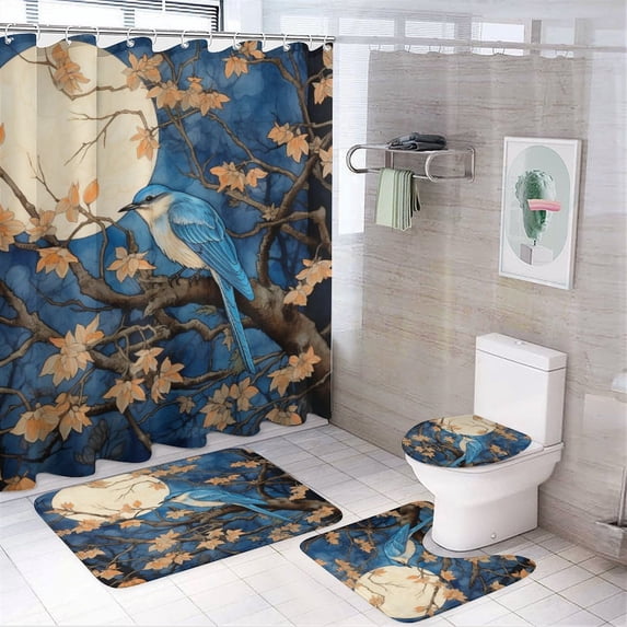 4 Pcs Shower Curtain Sets Blue Bird On A Shady Tree Under The Full Moon ...
