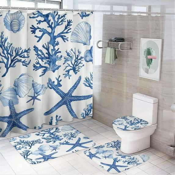 4 Pcs Shower Curtain Sets Coral Reef Pattern with Starfish Shells And ...
