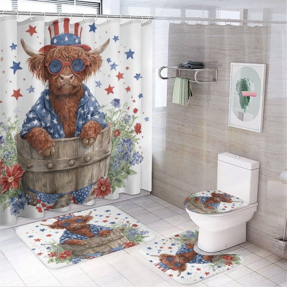 4 Pcs Shower Curtain Sets Cute Highland Cow Shower Curtain And Rugs ...