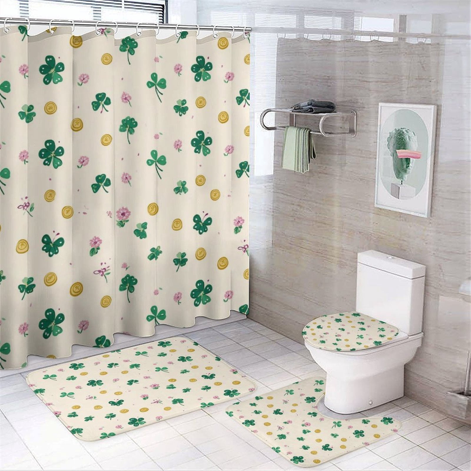 4 Pcs Shower Curtain Sets Lucky Green Clovers Gold Coin Rug Toilet Lid ...